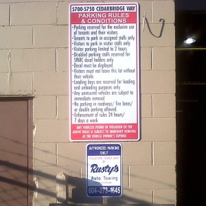 City Regulation Parking / Tow Information Sign – BC Site Service